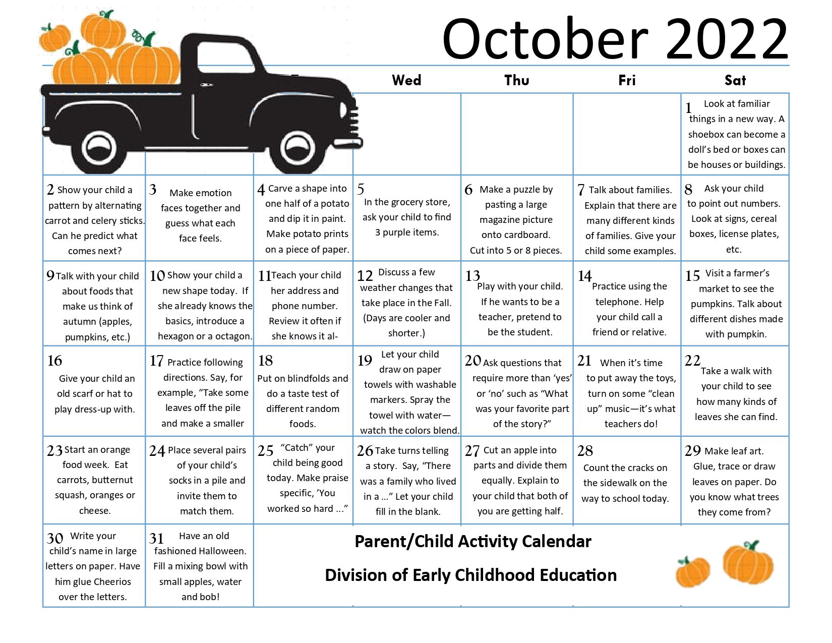 Parent-Child Activity Calendar – District 2 3K/Pre-K Centers