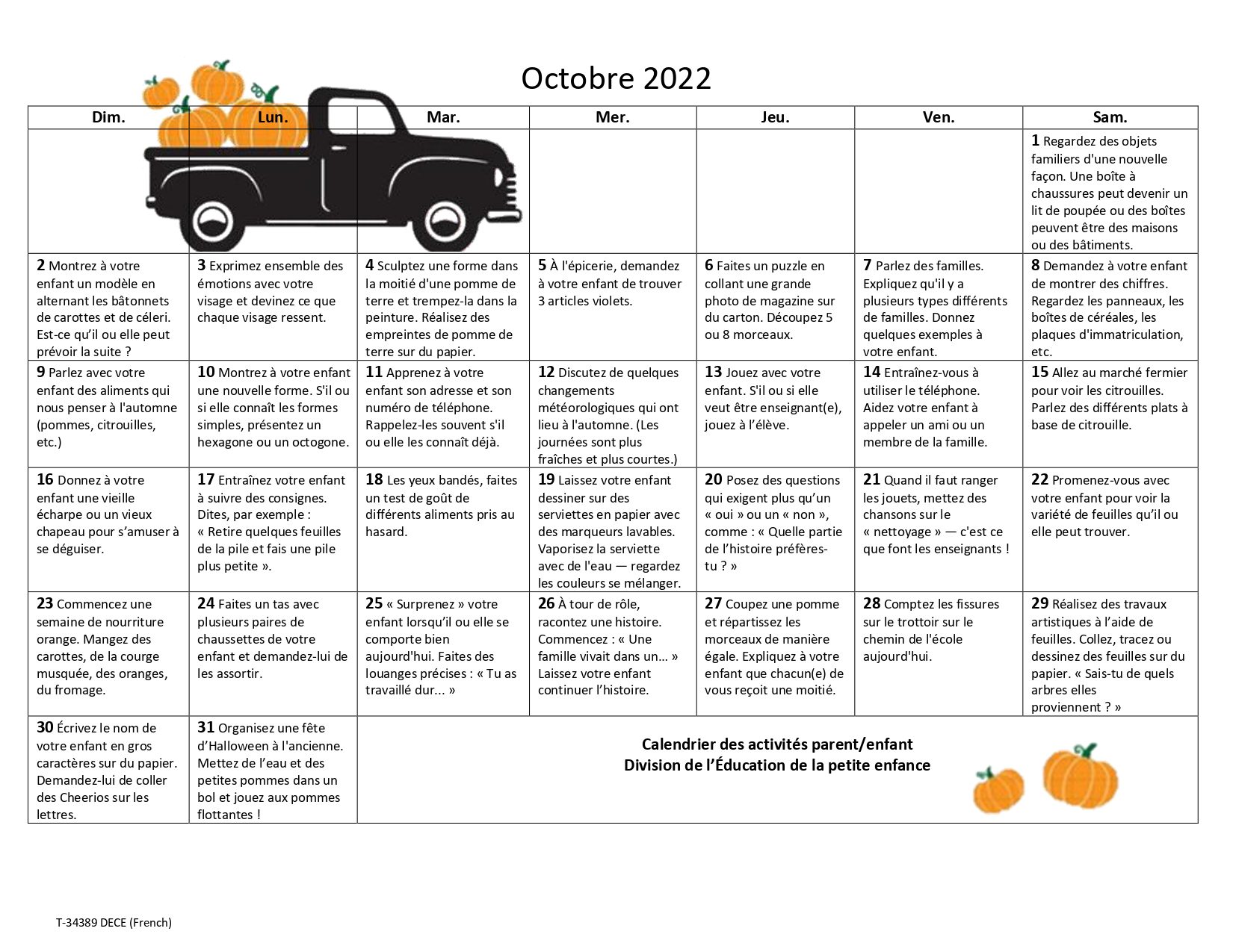 Parent-Child Activity Calendar – District 2 3K/Pre-K Centers