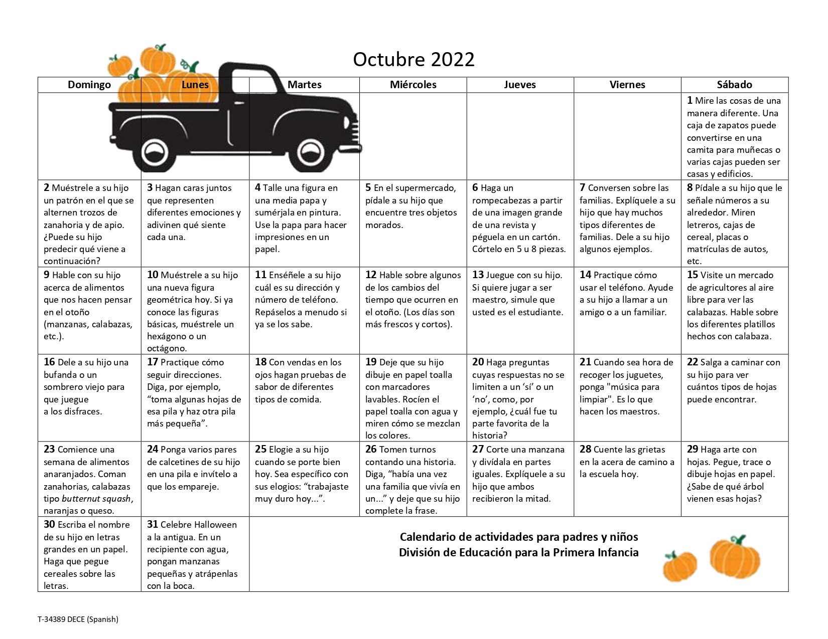 Parent-Child Activity Calendar – District 2 3K/Pre-K Centers